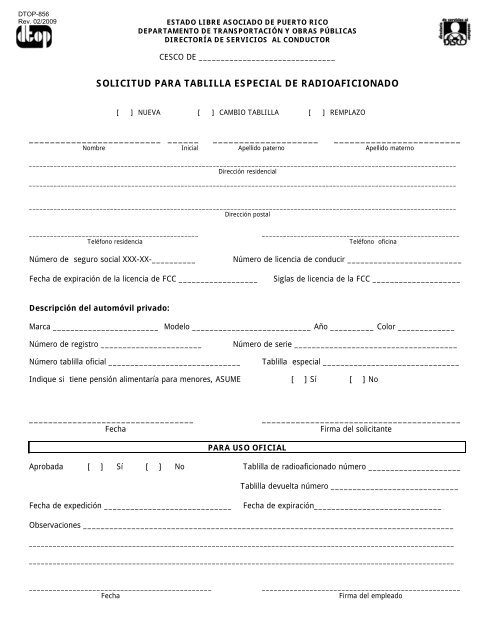 SOLICITUD PARA TABLILLA ESPECIAL DE ... - dtop.gobierno.pr