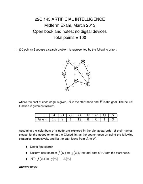 22C:145 ARTIFICIAL INTELLIGENCE Midterm Exam, March 2013 ...