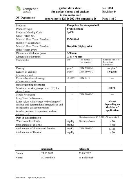 QS-Department gasket data sheet for gasket sheets ... - Kempchen.de