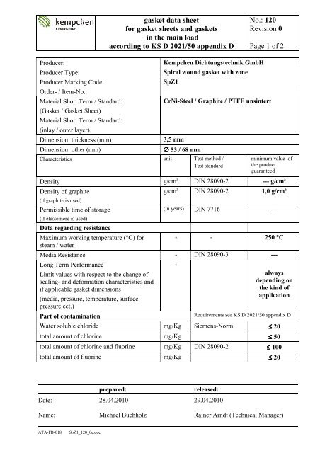 gasket data sheet for gasket sheets and gaskets in ... - Kempchen.de