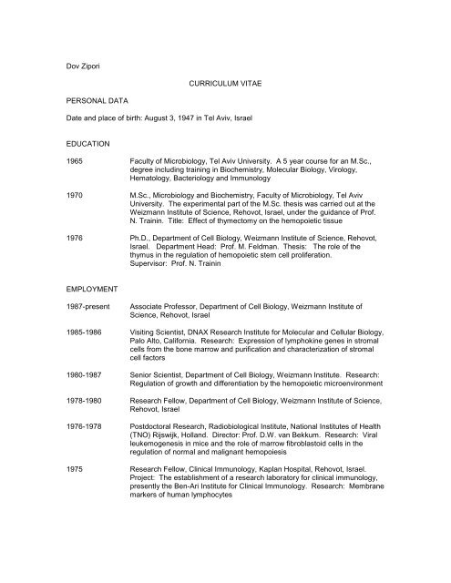 Dov Zipori CURRICULUM VITAE PERSONAL DATA Date and - Kenes