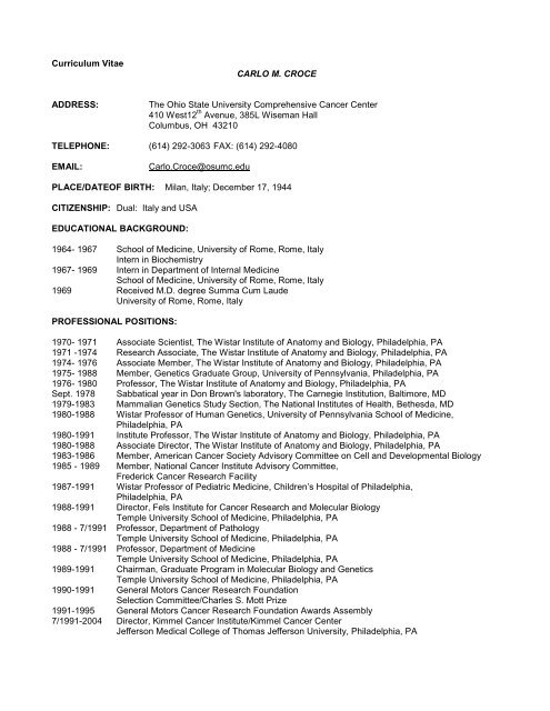Curriculum Vitae CARLO M. CROCE ADDRESS: The Ohio ... - Kenes