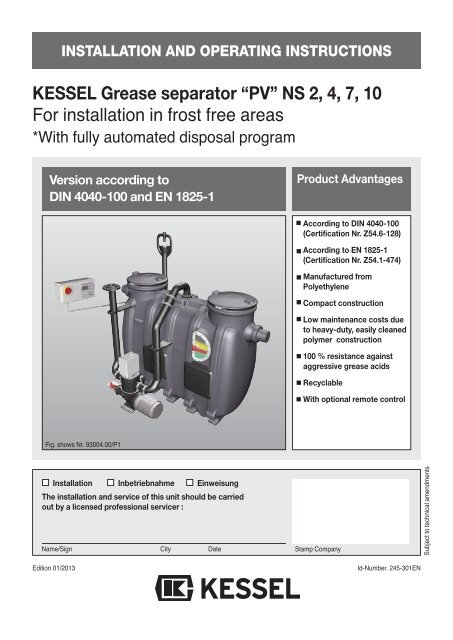 KESSEL Grease separator â PVâ NS 2, 4, 7, 10 For installation in frost ...