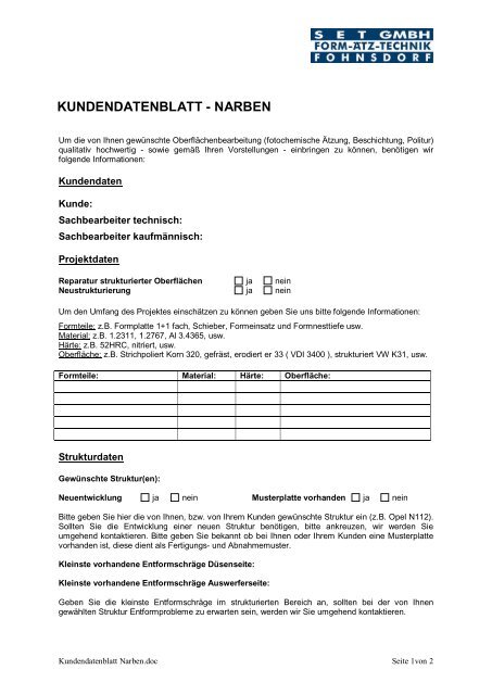 KUNDENDATENBLATT - NARBEN