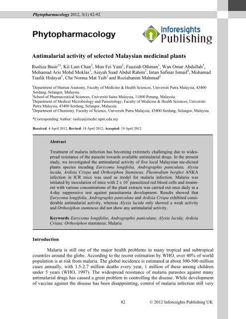 Antimalarial activity of selected Malaysian medicinal plants