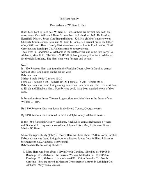 The Ham Family Descendants of William J. Ham - Ham/Hamm Family