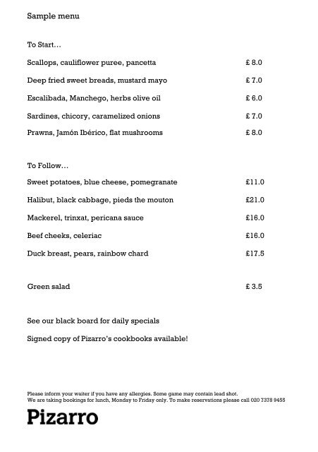 Sample menu - Jose Pizarro
