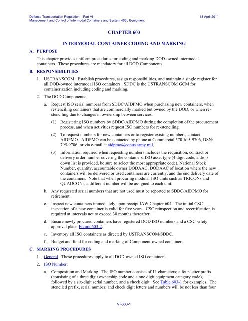 Intermodal Container Coding and Marking, Part VI, Chapter 603