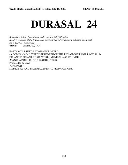 DURASAL 24 - Controller General of Patents Designs and Trademarks