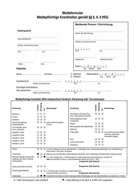 Meldeformular Meldepflichtige Krankheiten gemäß §§ 6, 8, 9 IfSG