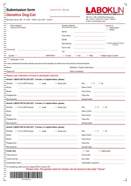 Submission form Genetics Dog/Cat - Laboklin