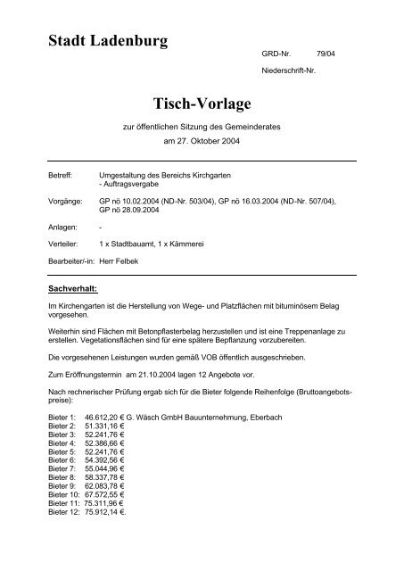 Stadt Ladenburg Tisch-Vorlage