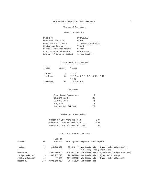 PROC MIXED analysis of choc cake data 1 The Mixed Procedure ...