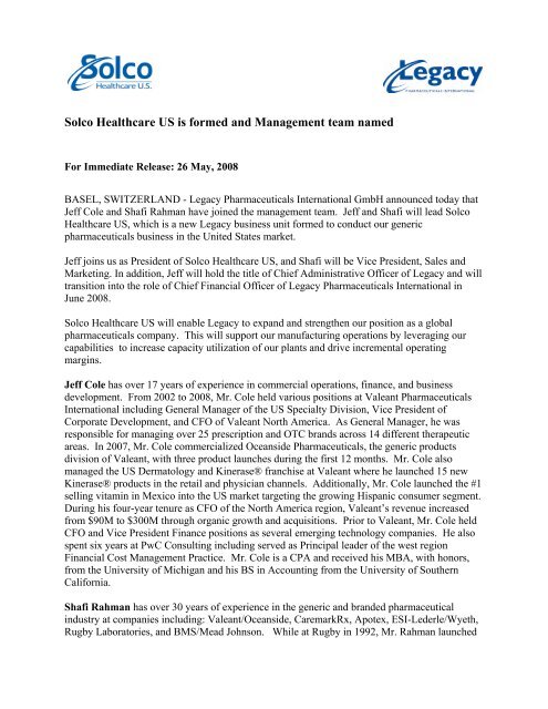 Solco Healthcare US is formed and Management team named