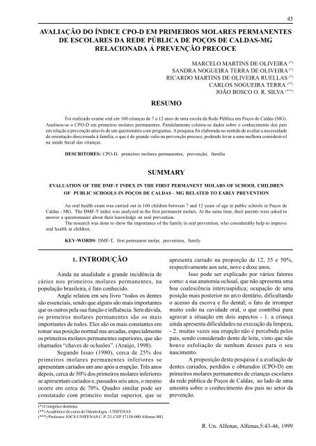 avaliação do índice cpo-d em primeiros molares ... - Unifenas