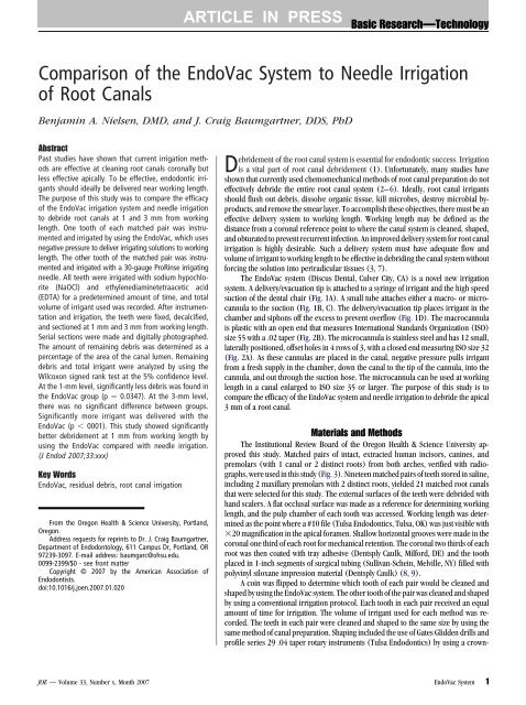 Comparison of the EndoVac System to Needle Irrigation of Root ...