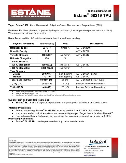 Estane® 58219 TPU - Lubrizol