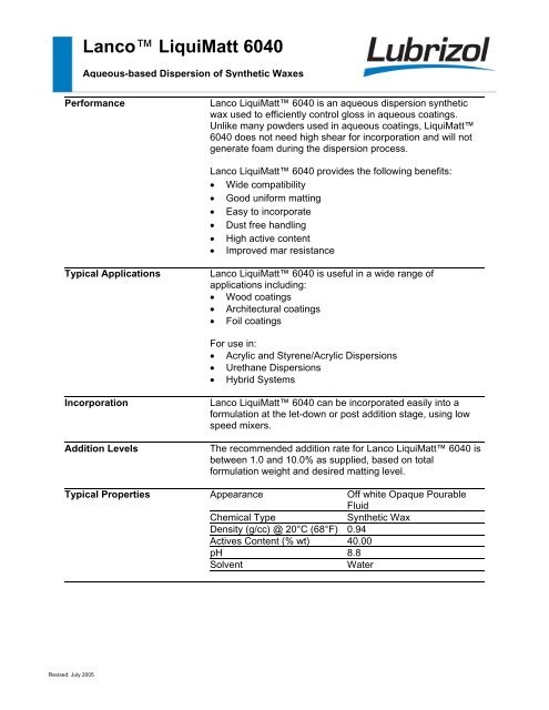 Lancoâ ¢ LiquiMatt 6040 - Lubrizol