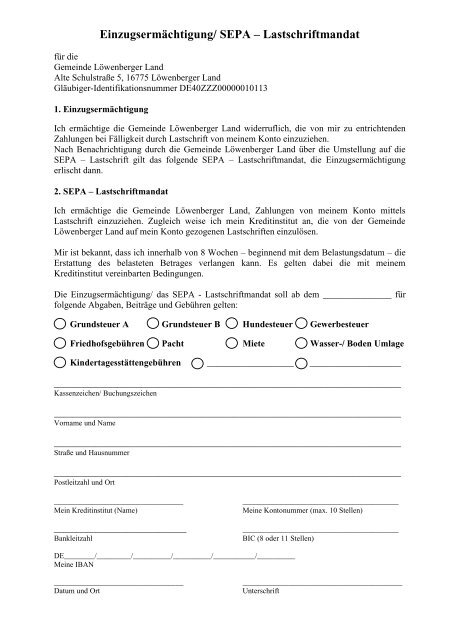 EinzugsermÃ¤chtigung / SEPA â Lastschriftmandat - Gemeinde ...