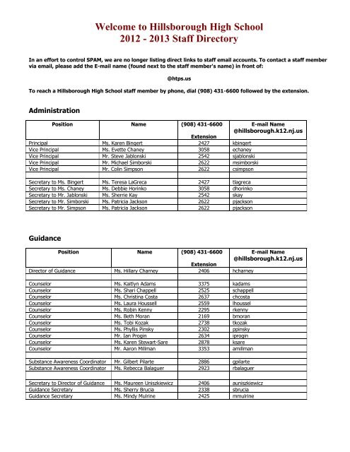 Welcome to Hillsborough High School 2012 - 2013 Staff Directory