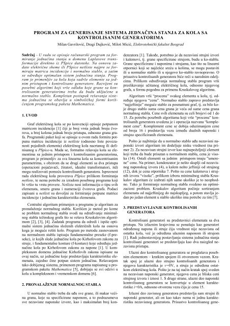 program za generisanje sistema jednačina stanja za kola sa ...