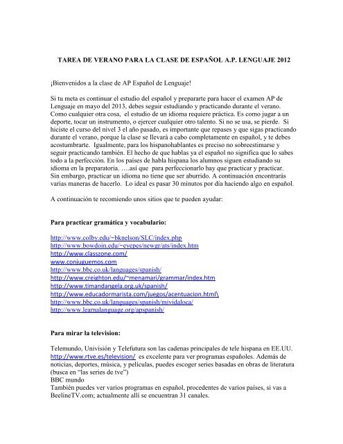 TAREA DE VERANO PARA LA CLASE DE ESPAÑOL A.P.