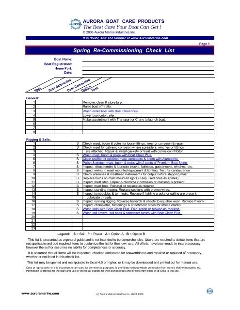 Spring Re-Commissioning Check List - Aurora Marine Club!