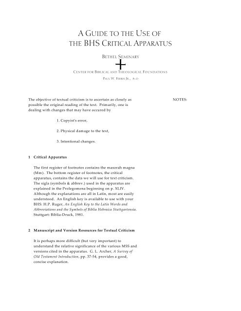 A GUIDE TO THE USE OF THE BHS CRITICAL APPARATUS