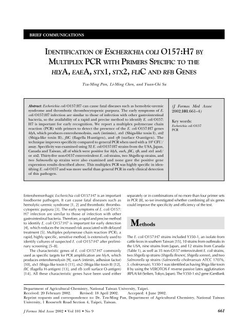 identification of escherichia coli o157:h7 by multiplex pcr with ...