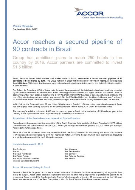 Accor reaches a secured pipeline of 90 contracts in Brazil