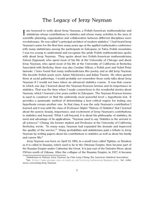 The Legacy of Jerzy Neyman - Department of Mathematics