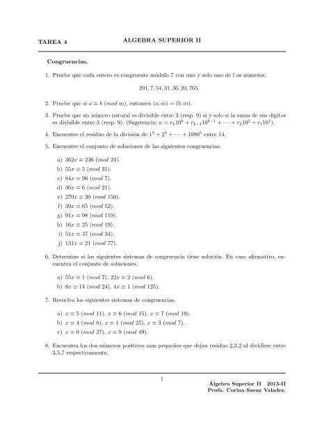 ALGEBRA SUPERIOR II TAREA 4 Congruencias. 1. Pruebe que ...