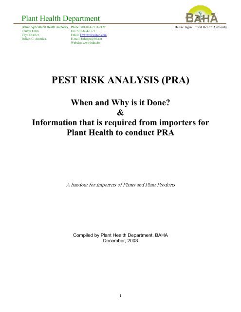 PEST RISK ANALYSIS (PRA) - Belize Agricultural Health Authority