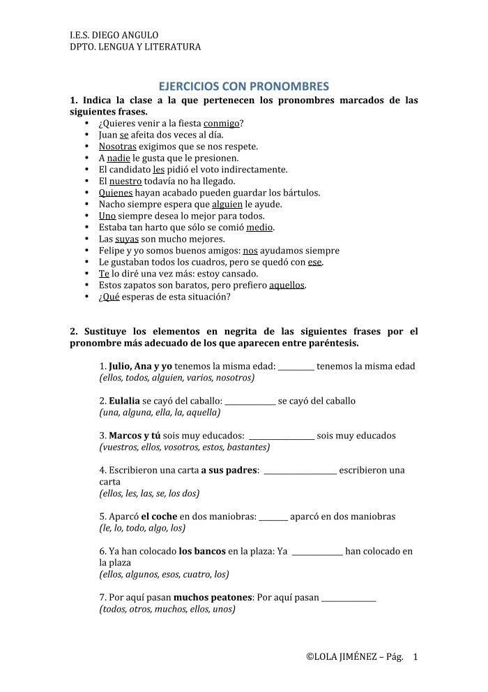 Ejercicios Pronombres