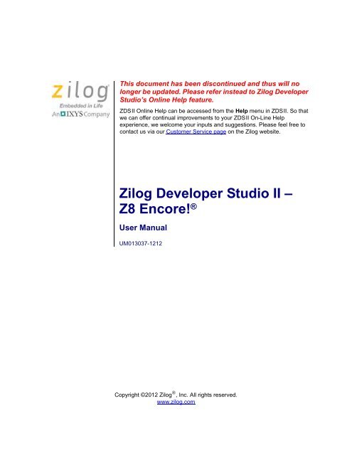 Zilog Developer Studio II – Z8 Encore! User Manual