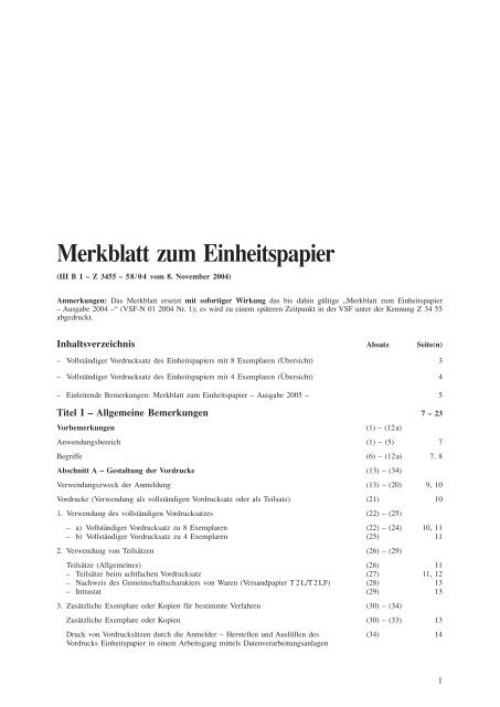 Merkblatt zum Einheitspapier