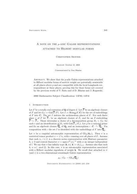 A note on the p-adic Galois representations attached to Hilbert ...