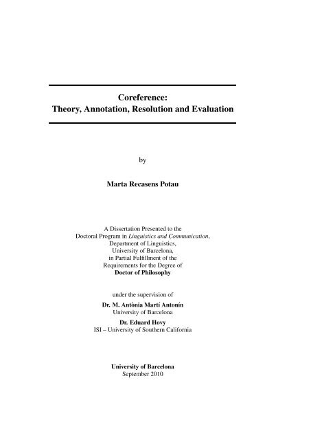 Coreference: Theory, Annotation, Resolution and Evaluation