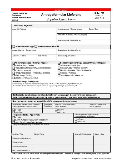 Antragsformular Lieferant Supplier Claim Form - Maxonmotor.nl