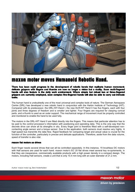 PDF - maxon motor moves Humanoid Robotic Hand