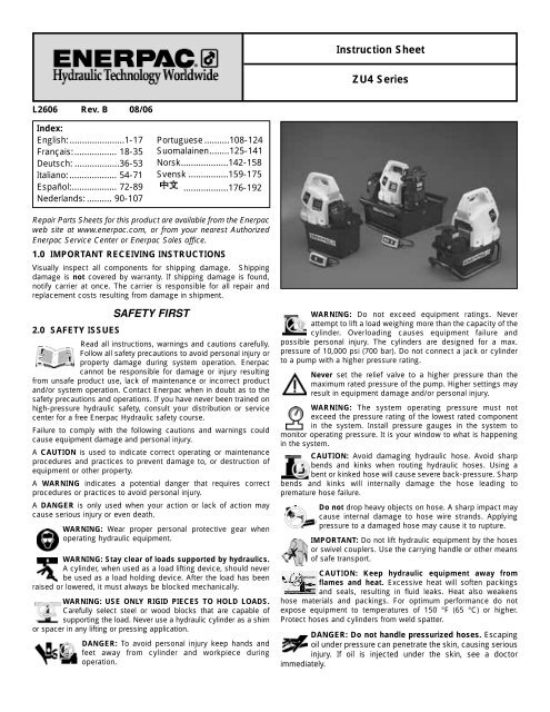 SAFETY FIRST Instruction Sheet ZU4 Series - Enerpac