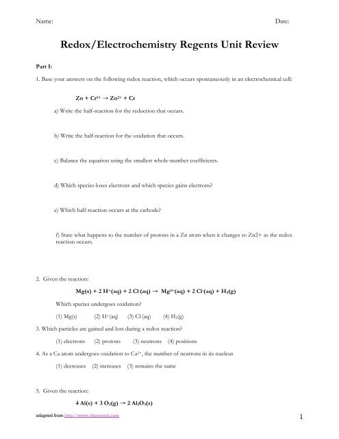 Redox/Electrochemistry Regents Unit Review - DP Chemistry
