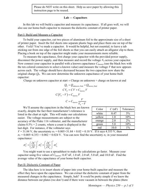 Lab 3: Capacitors - UWSP