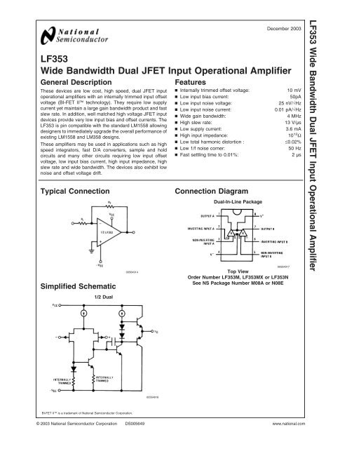 LF353 Wide Bandwidth Dual JFET Input Operational Amplifier