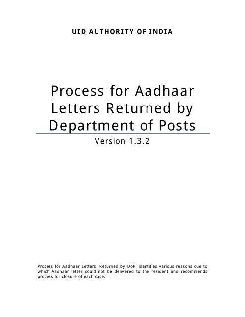 Revised Process for Aadhaar letters returned by DoP - uidai