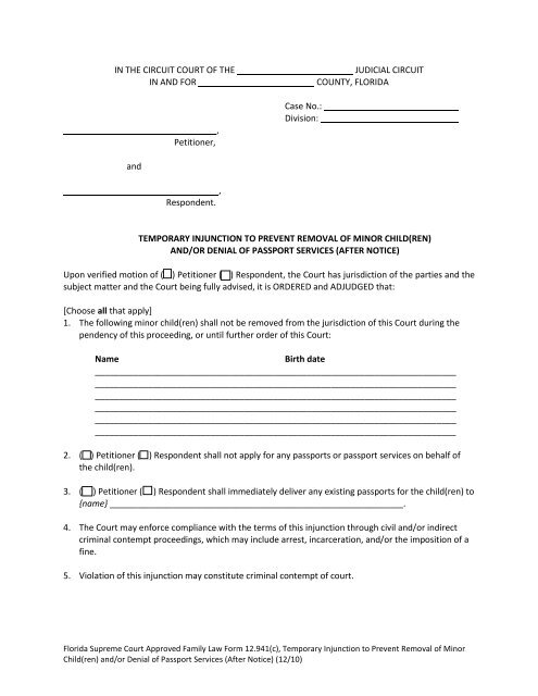 Temporary Injunction to Prevent Removal of Minor Child(ren)