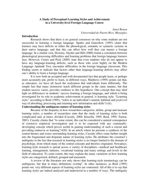 A Study of Perceptual Learning Styles and Achievement - crisolenguas