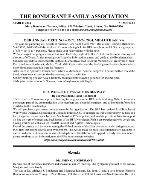 THE BONDURANT FAMILY ASSOCIATION