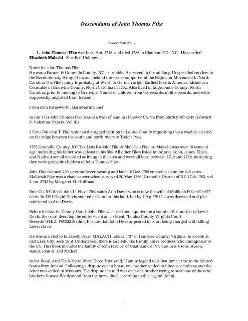 Descendants of John Thomas Fike - Cemetarian