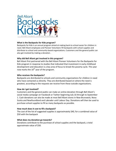 Bell Aliant Backpacks for Kids Program